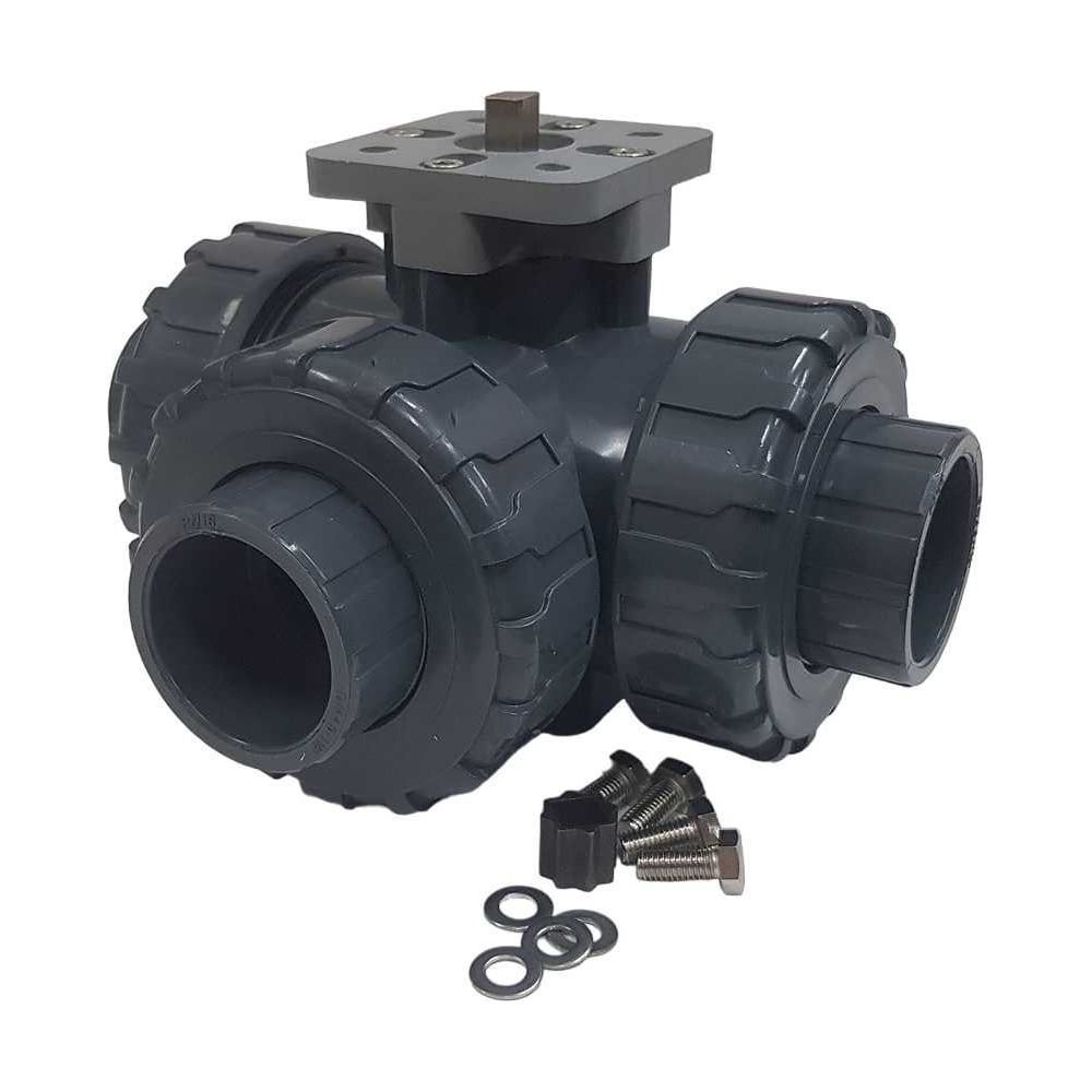 Трехходовой шаровой кран TECHNO 3050T-PVC ПВХ, под привод DN50, рабоч ...
