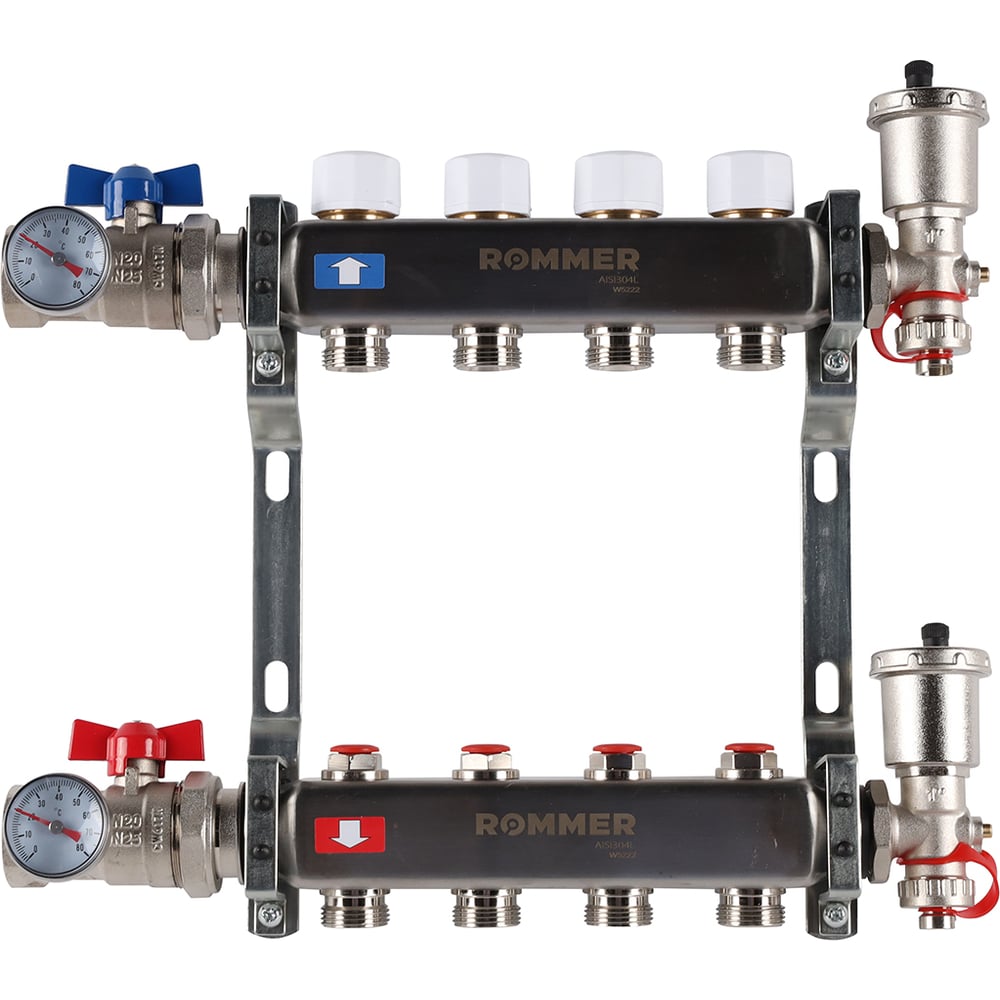 Коллектор из нержавеющей стали ROMMER в сборе, без расходомеров, 4 ...