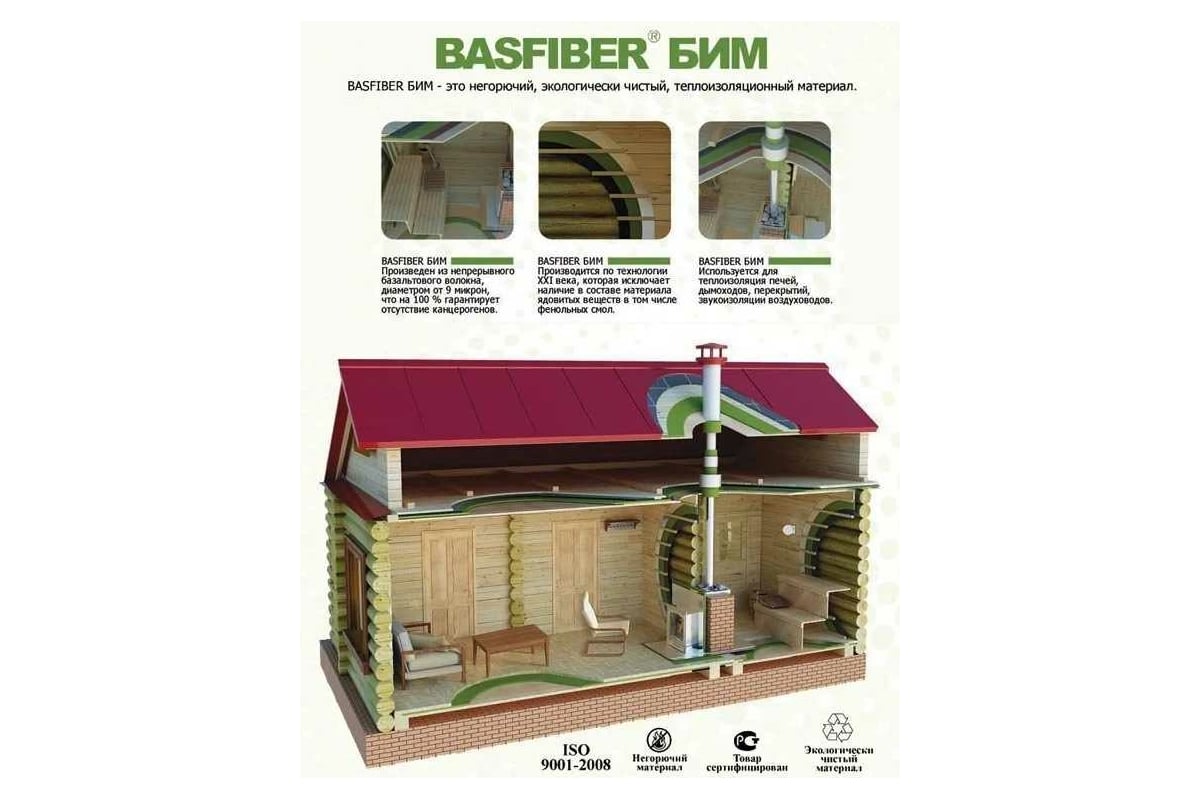 Базальтовый мат с фольгой BASFIBER 10000x1200x6 мм, 12 м2, огнеупорный, 700С БИМ 6Ф-рулон ...