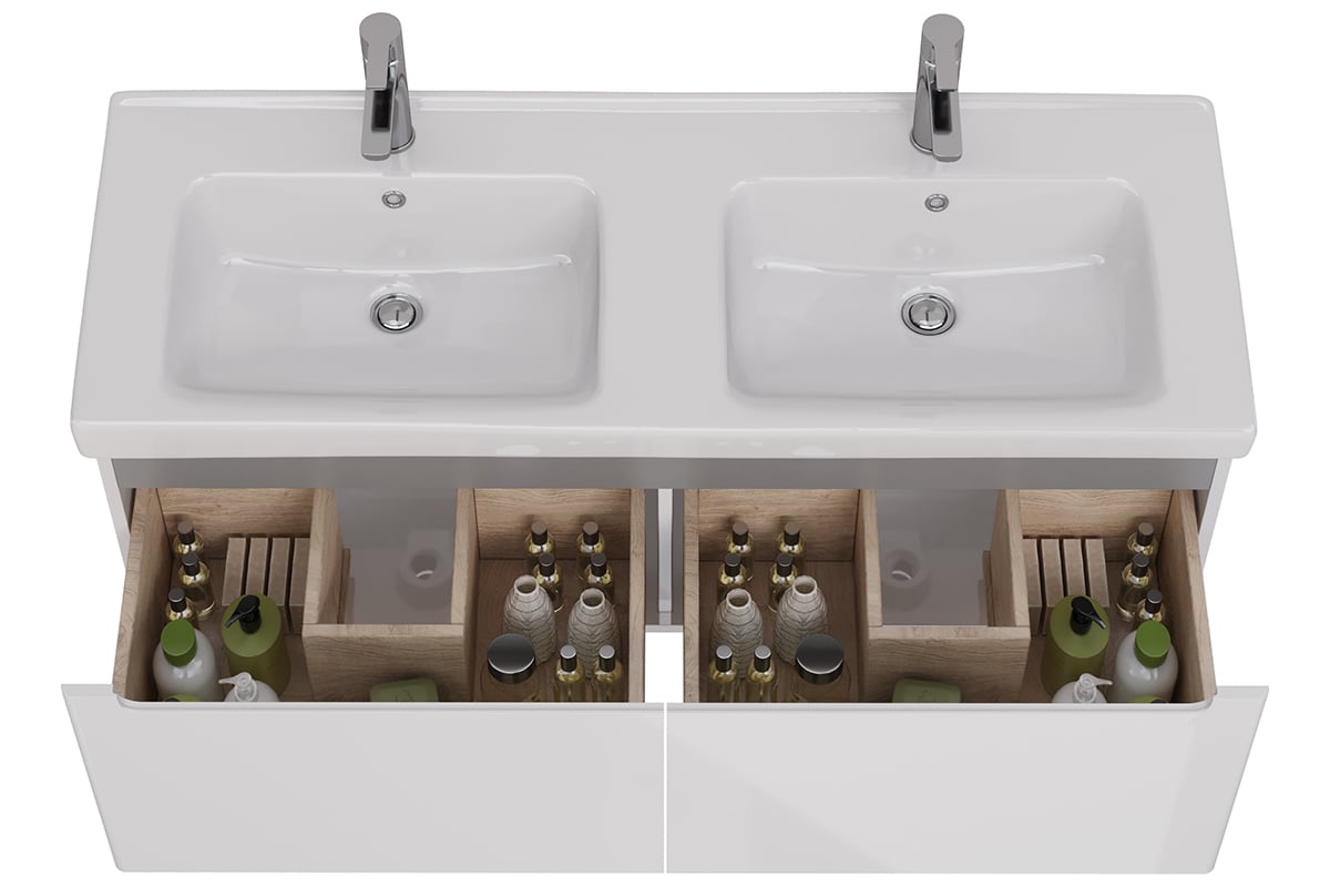 Тумба Lemark BUNO MINI 125 см под 2 раковины, подвесная, 2 ящика, цвет планки: Серый, цвет ...