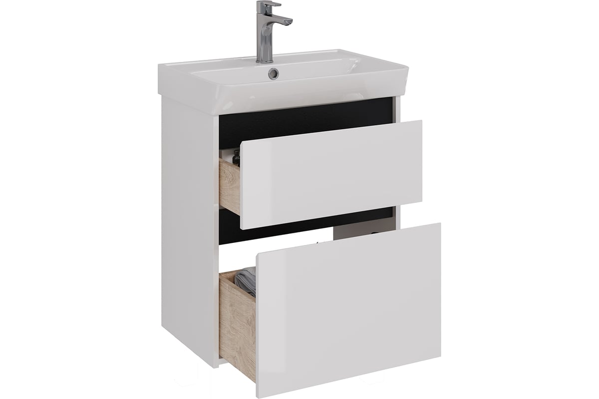 Тумба Lemark COMBI 60 см под 1 раковину, подвесная/напольная, 2 ящика, цвет планки: Чёрный, цвет ...