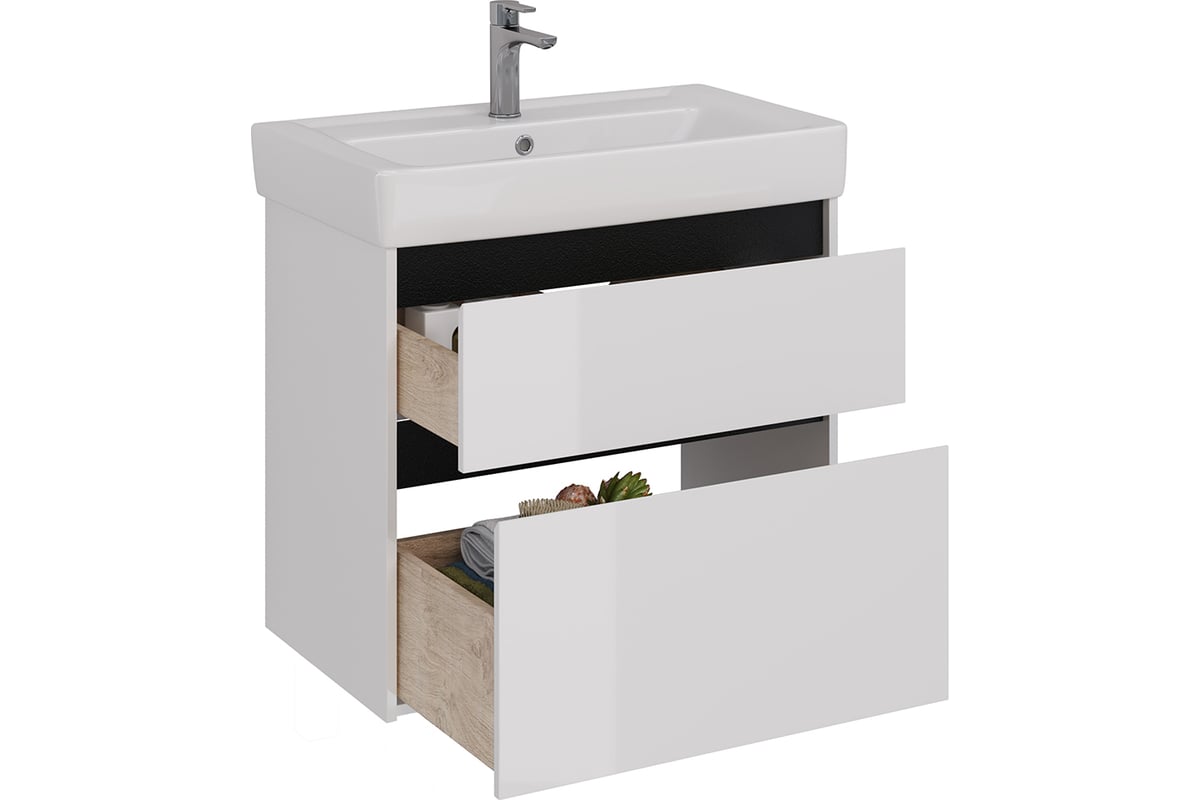Тумба Lemark COMBI 80 см под 1 раковину, подвесная/напольная, 2 ящика, цвет планки: Чёрный, цвет ...