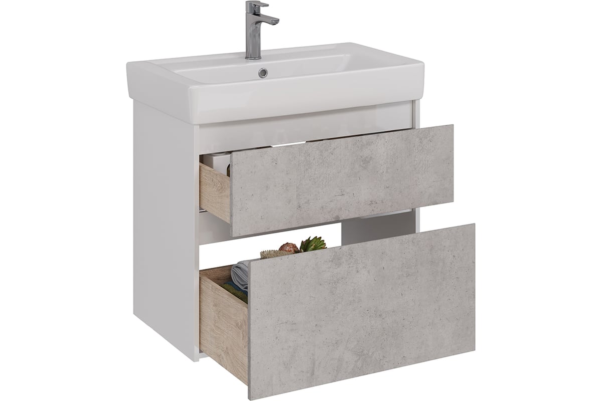 Тумба Lemark COMBI 80 см под 1 раковину, подвесная/напольная, 2 ящика, цвет фасада: Бетон, цвет ...