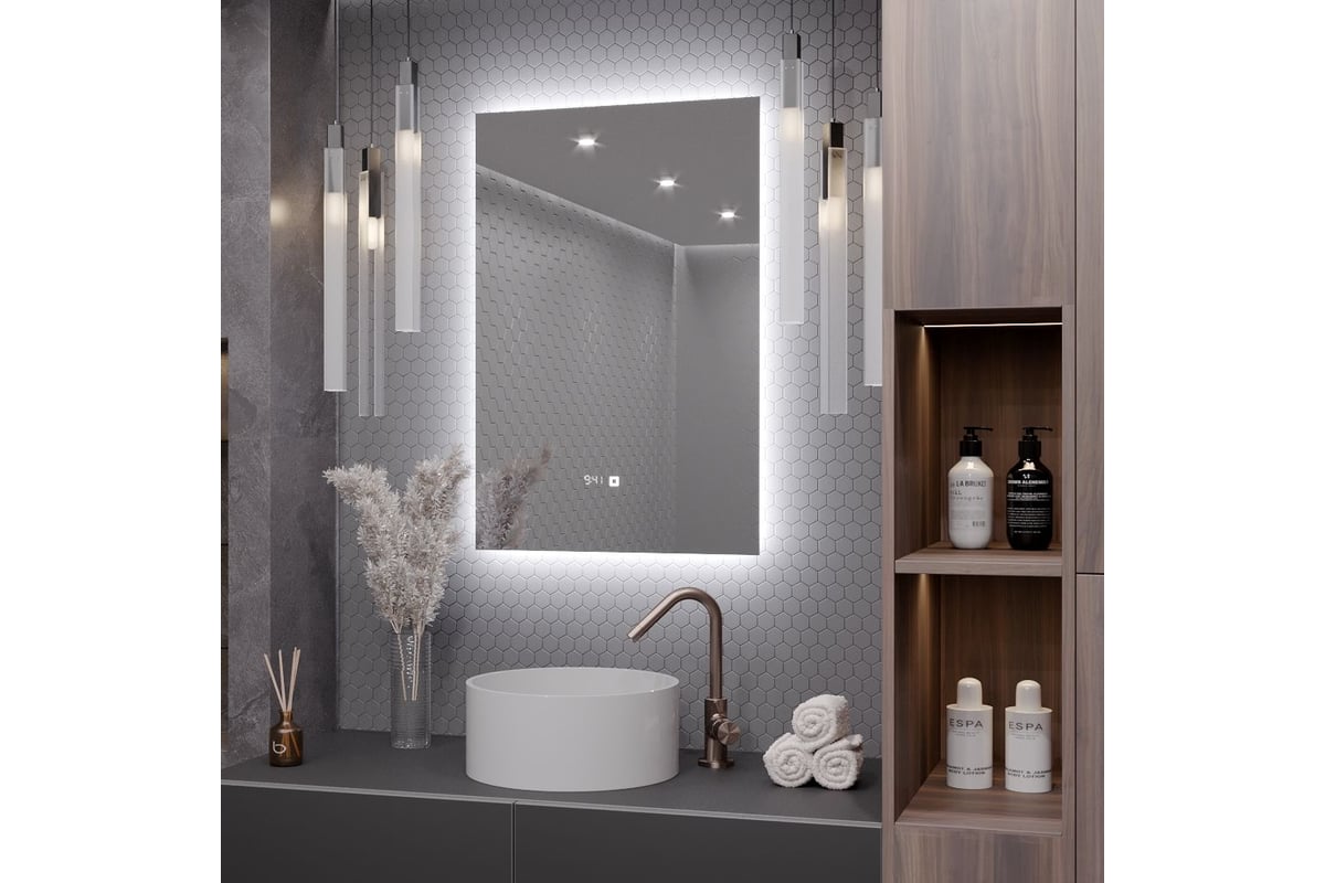 Зеркало Alias Квартал 80x40 с холодной LED-подсветкой и часами вертикальное q804015 - выгодная ...