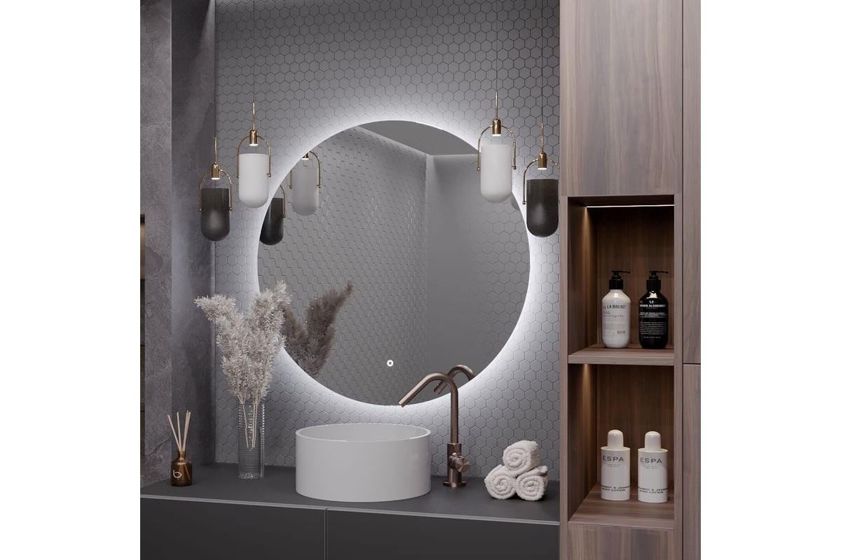 Круглое зеркало для ванной Alias Муза D40 с холодной LED-подсветкой, сенсорная кнопка m404010 ...