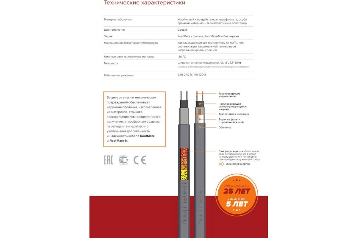 Греющий кабель для обогрева труб, водостоков и кровли RoofMate 32 Вт ...