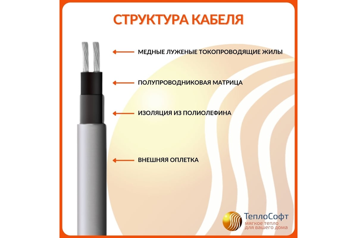 Греющий кабель на трубу ТеплоСофт саморегулирующийся 3м 48Вт SRL16/3м ...
