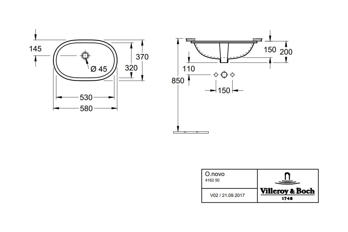 Раковина Villeroy & Boch 41625001 встраиваемая снизу, без посадочного ...