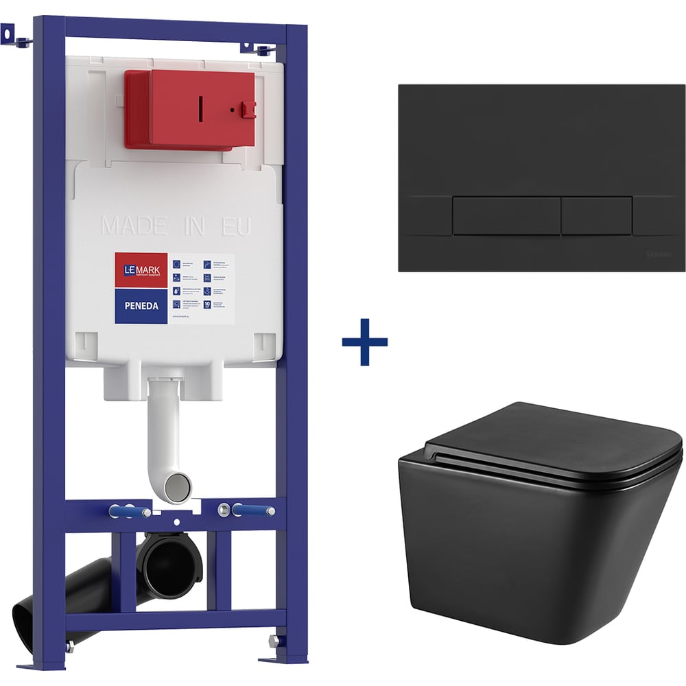Комплект 3 в 1 LEMARK Инсталляция PENEDA для унитазов с кнопкой смыва BIT чёрный матовый ...