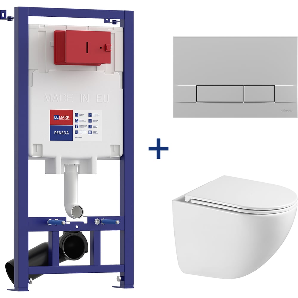 Комплект 3 в 1 LEMARK Инсталляция PENEDA для унитазов с кнопкой смыва BIT хром матовый + унитаз ...