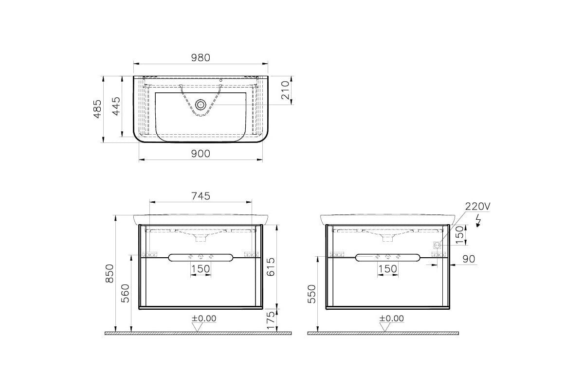 Тумба+раковина Vitra Sento 100см, 2 ящика, LED, матовый антрацит 60838 ...