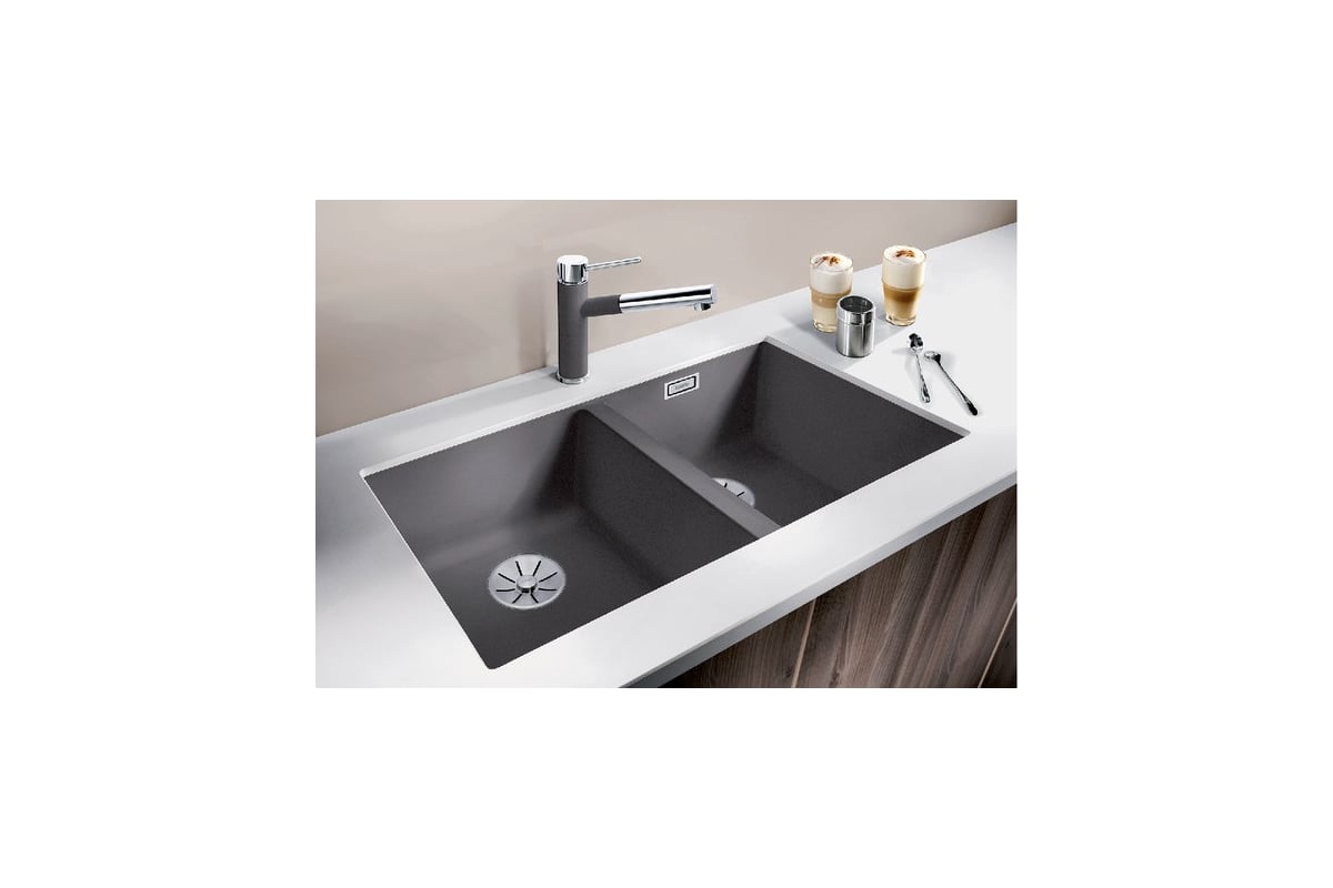 Мойка Blanco SUBLINE 350 350 U SILGRANIT антрацит, с отводной арматурой ...