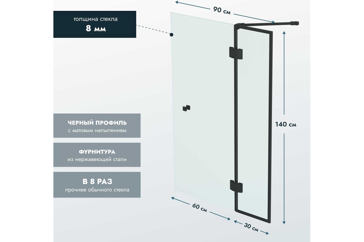 Стеклянная шторка на ванну Mebelvann 1400x900 (300-600) BLACK BEN-401 ...