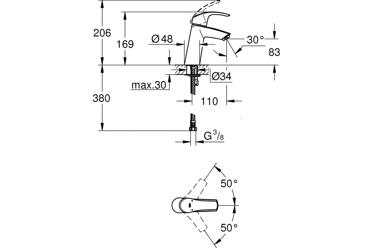Однорычажный смеситель для раковины GROHE Eurosmart гладкий корпус ...