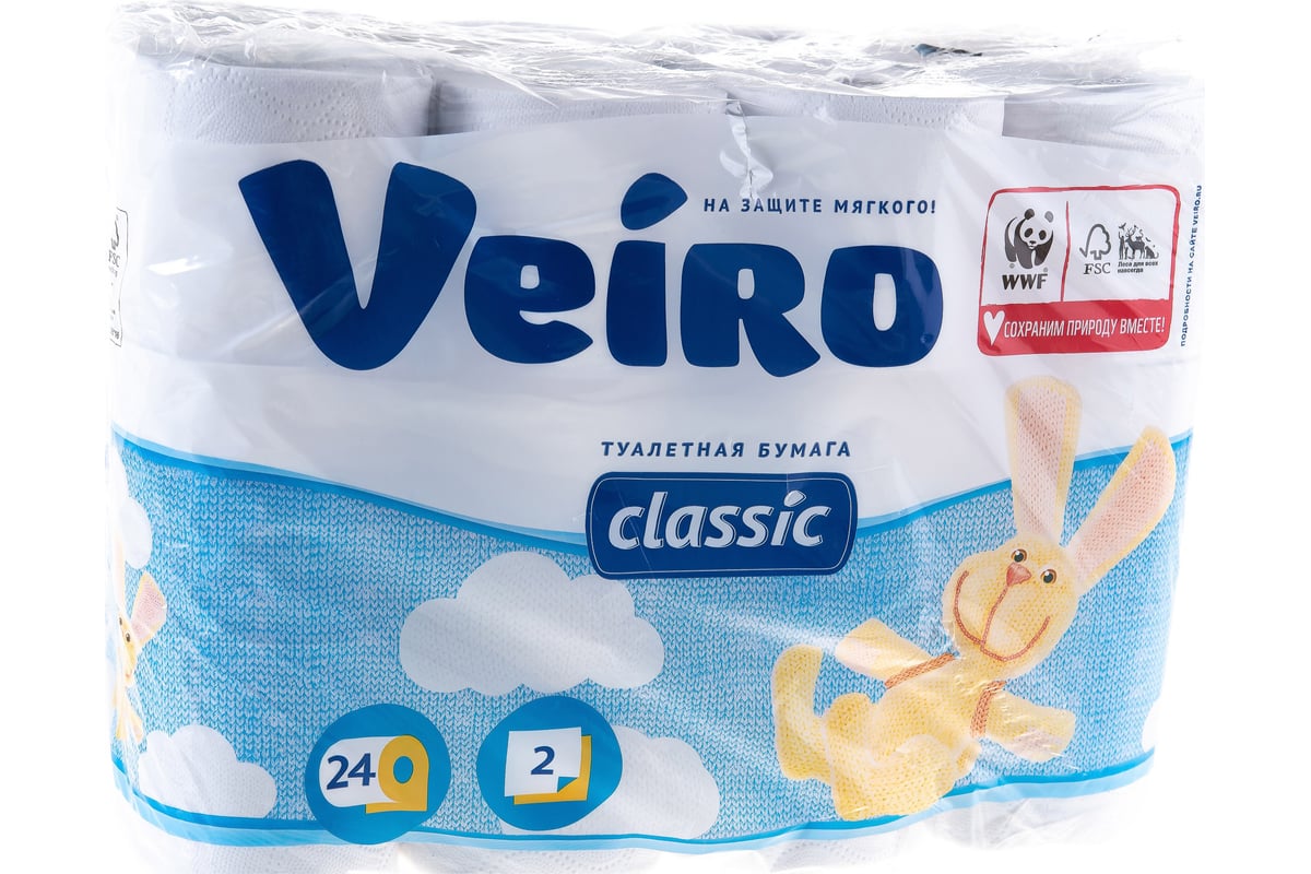 Бумага туалетная бытовая VEIRO Classic спайка 24 шт, 2-х слойная, белая ...