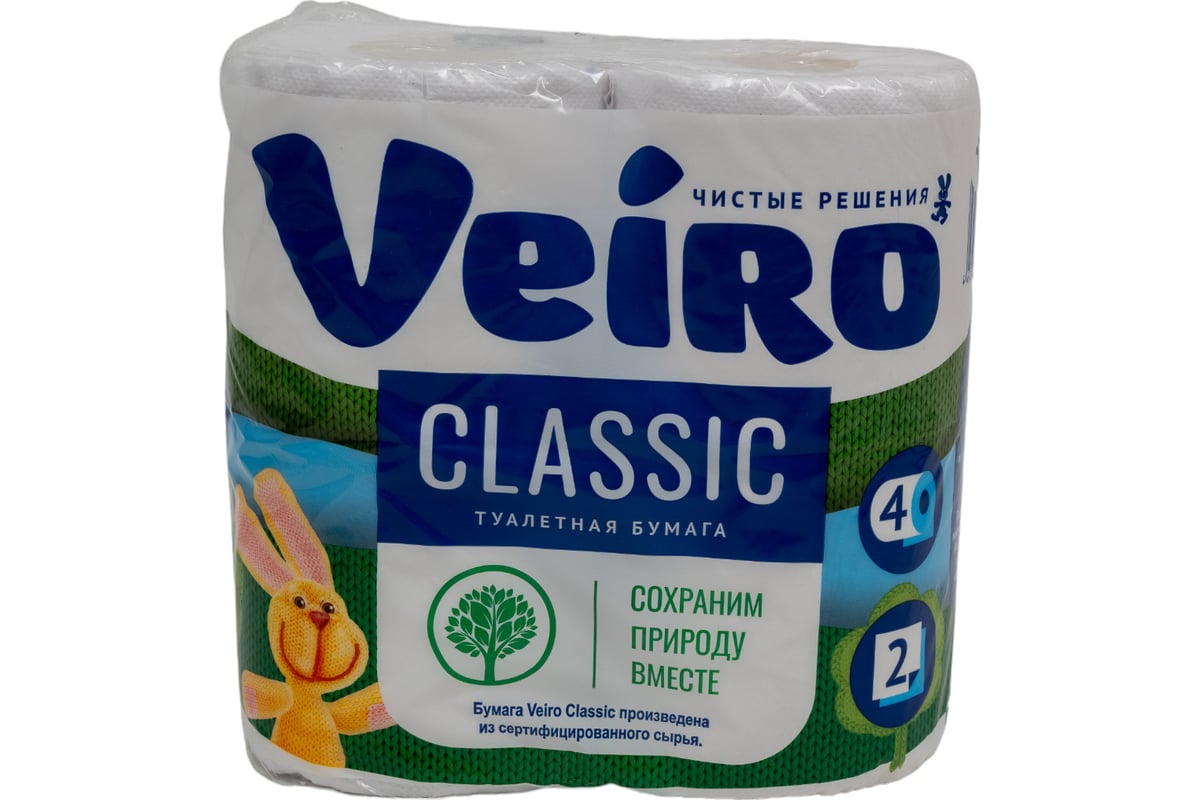 Бумага туалетная бытовая VEIRO Classic спайка 4 шт, 2-х слойная, белая ...