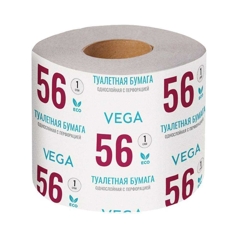 Туалетная бумага Vega 1 слой, 56 м/рул, на втулке, с перфорацией, серая ...