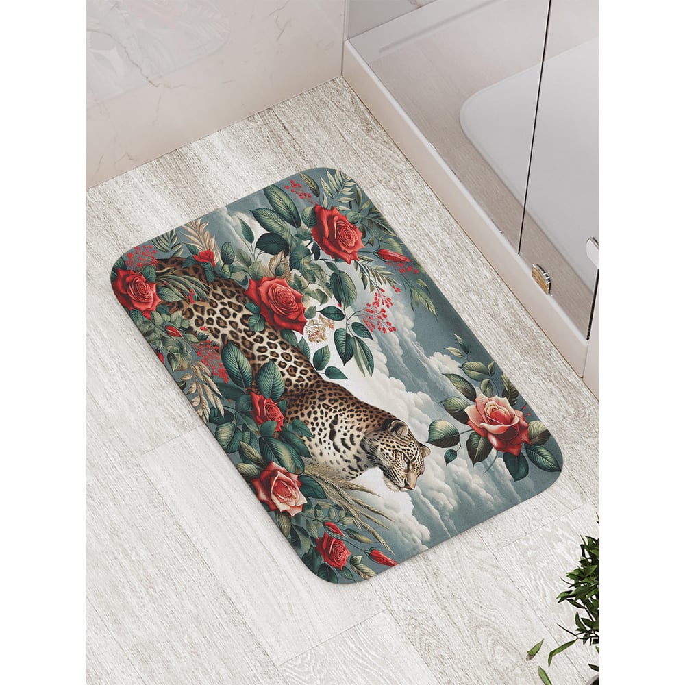 Коврик для ванной комнаты и туалета противоскользящий JoyArty "Леопард в цветах" 52x77 см bath ...