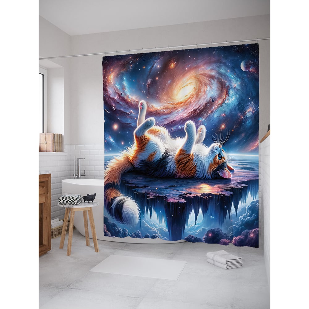 Штора для ванной, занавеска водоотталкивающая в ванную комнату тканевая JoyArty "Космос котик ...