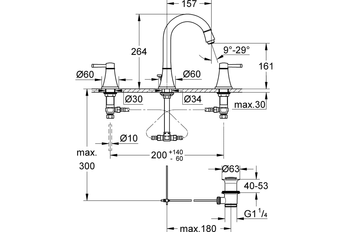 Смеситель для раковины Grohe Grandera на 3 отверстия, высокий излив ...