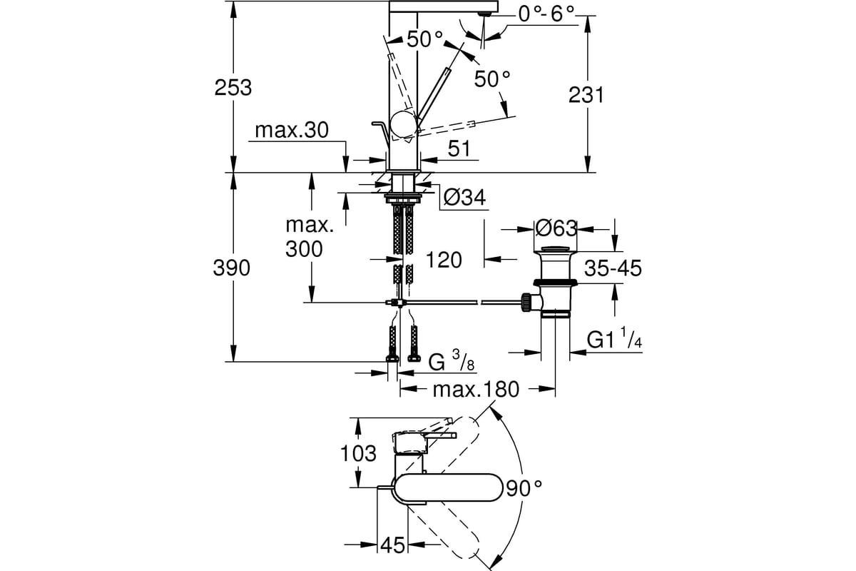Однорычажный смеситель для раковины Grohe Plus со сливным гарнитуром ...