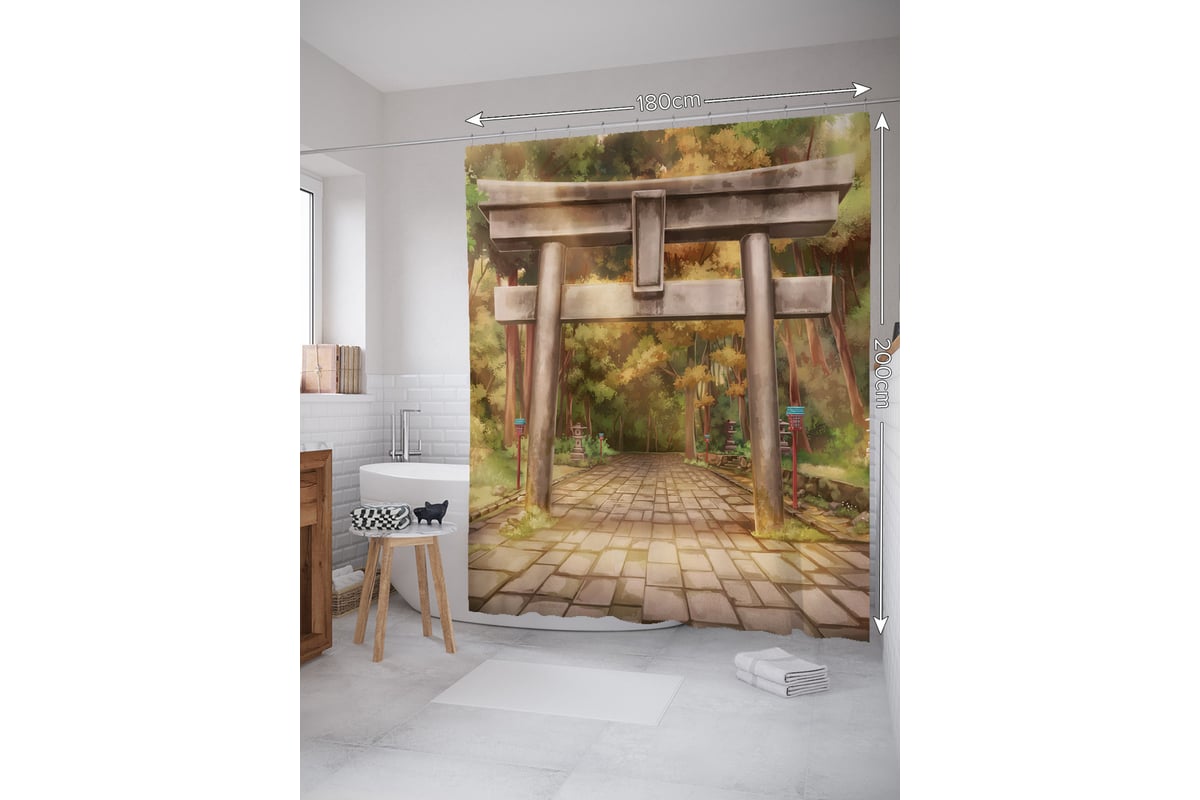 Штора занавеска для ванной тканевая JOYARTY Солнечные тории в лесу 180x200 см, sc_420003 ...