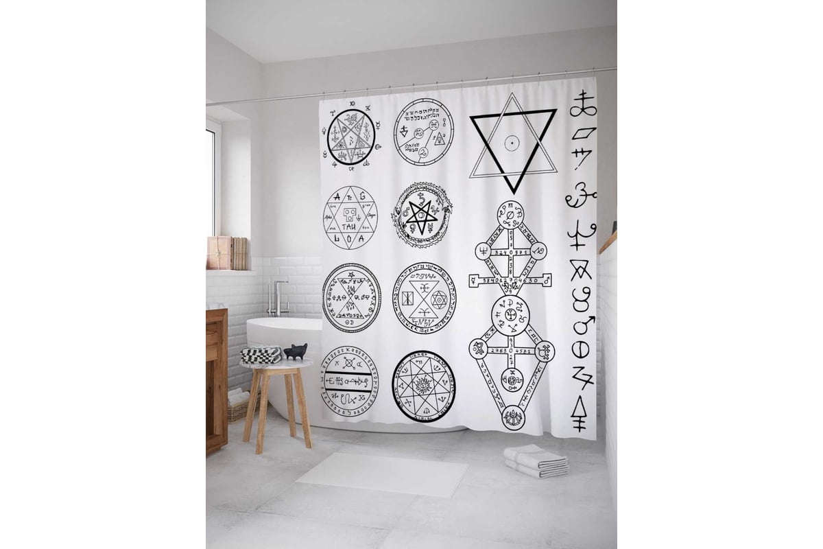 Штора (занавеска) для ванной JoyArty "Символы с пентаграммами" из сатена, 180х200 см с крючками ...