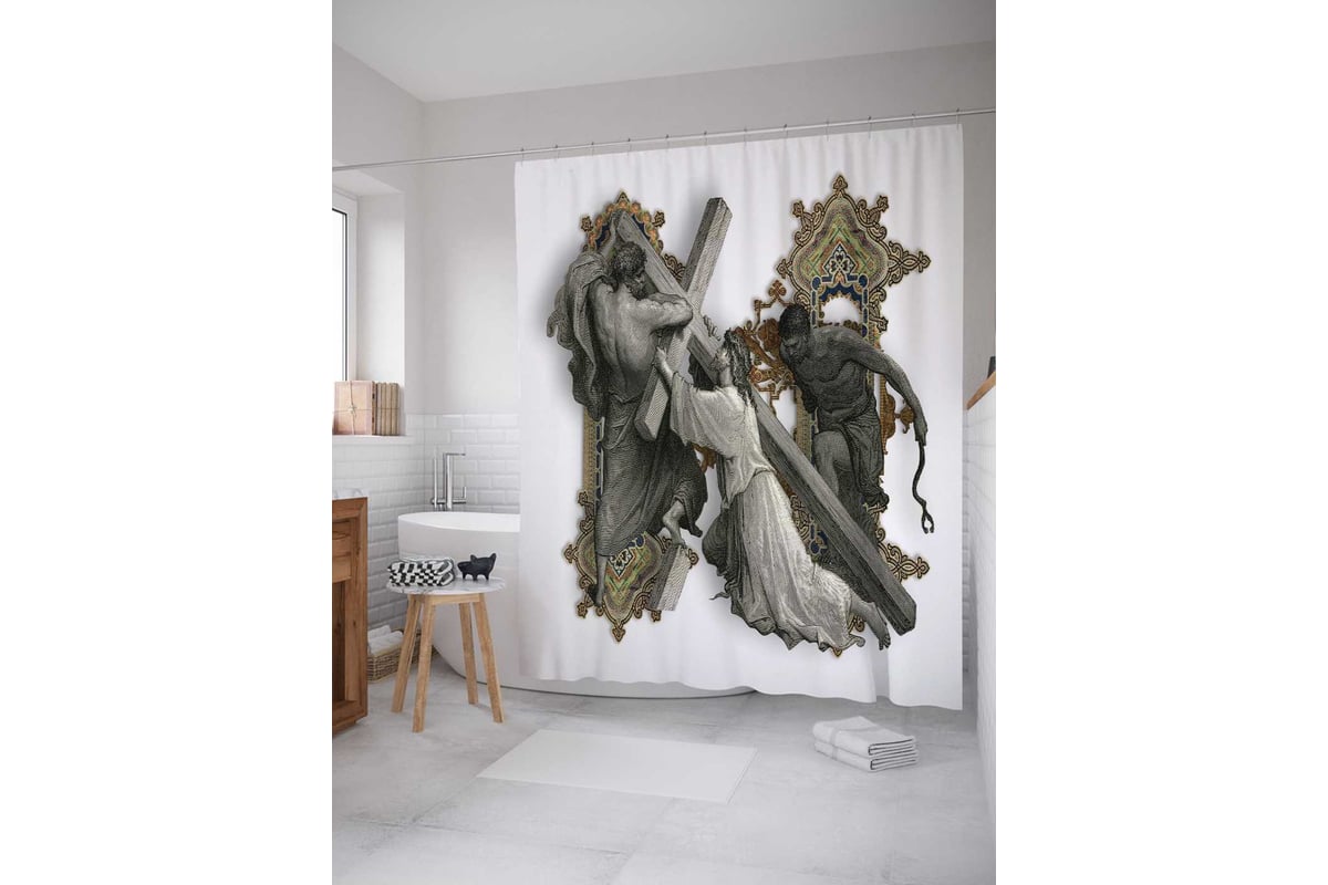 Штора (занавеска) для ванной JoyArty "Крест Иисуса" из сатена, 180х200 см с крючками, sc_12080 ...