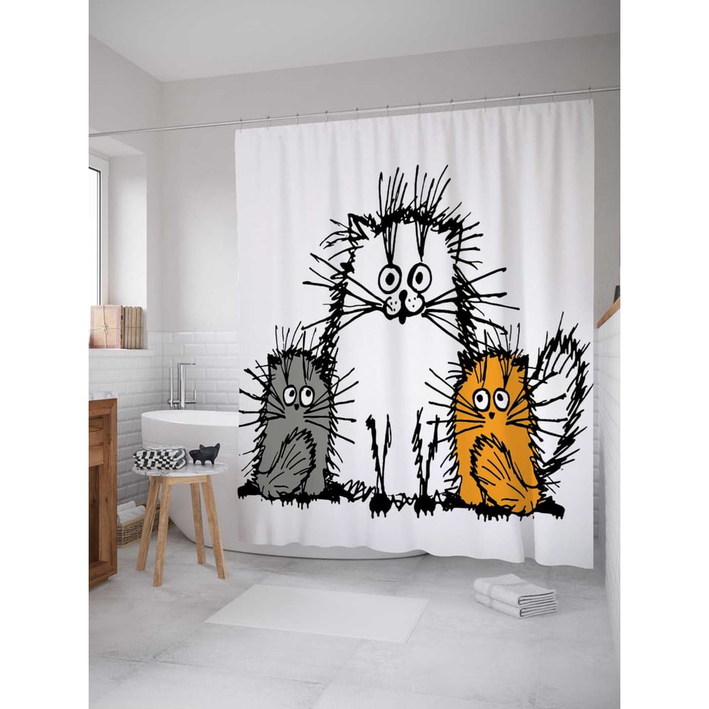 Штора (занавеска) для ванной JoyArty "Мохнатые коты" из сатена, 180х200 см с крючками, sc_17711 ...