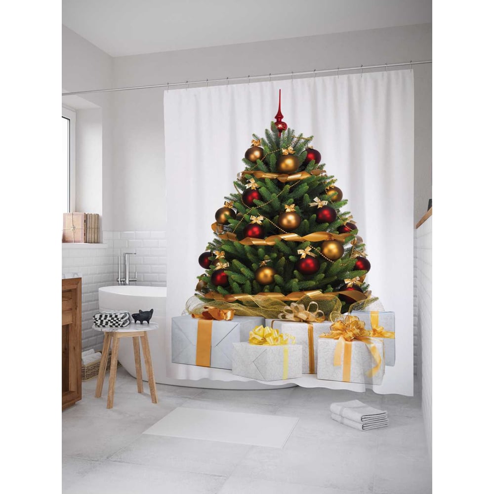Штора (занавеска) для ванной JoyArty "Новогодняя елка" из сатена ...