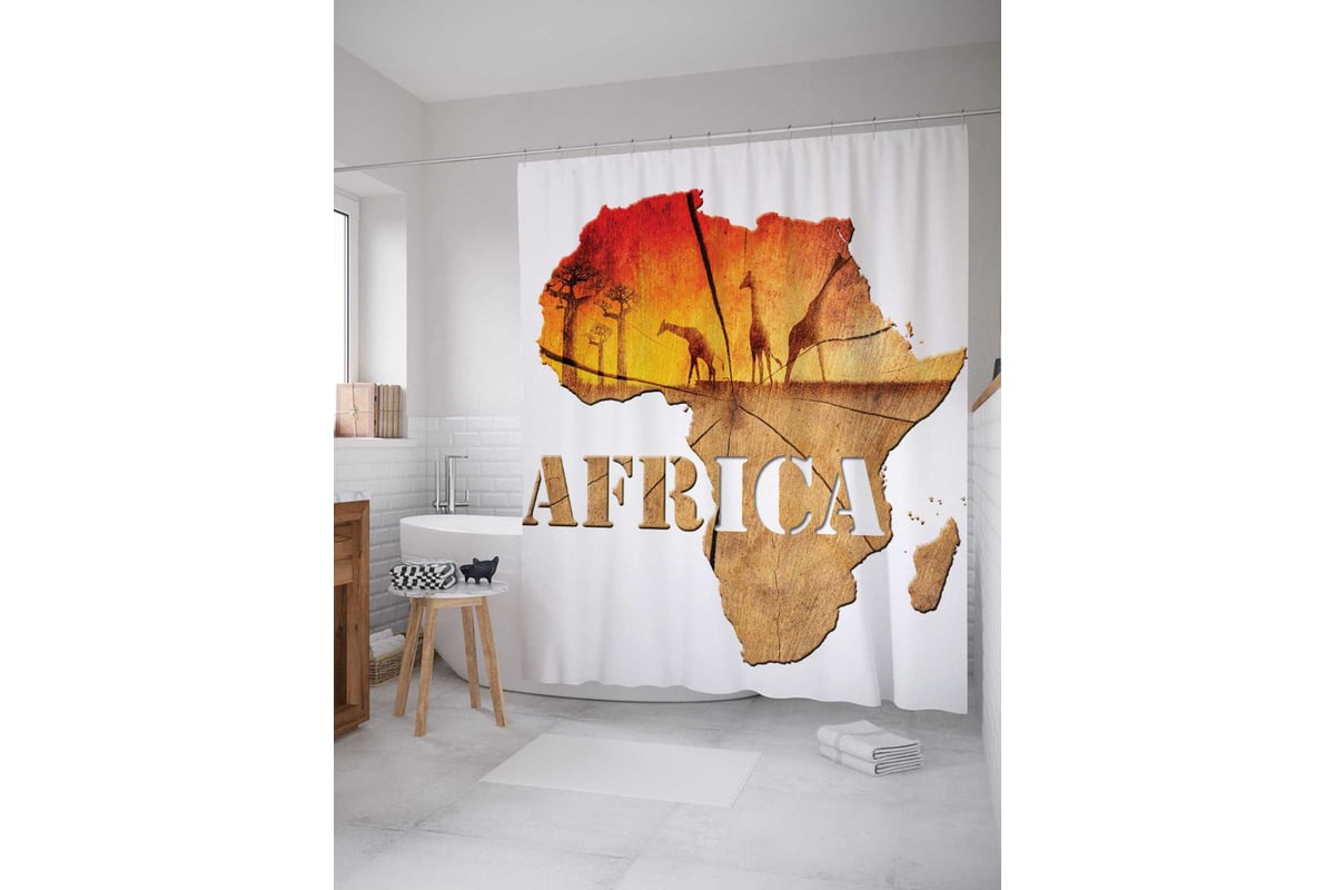 Штора (занавеска) для ванной JoyArty "Африканская карта" из сатена, 180х200 см с крючками, sc ...