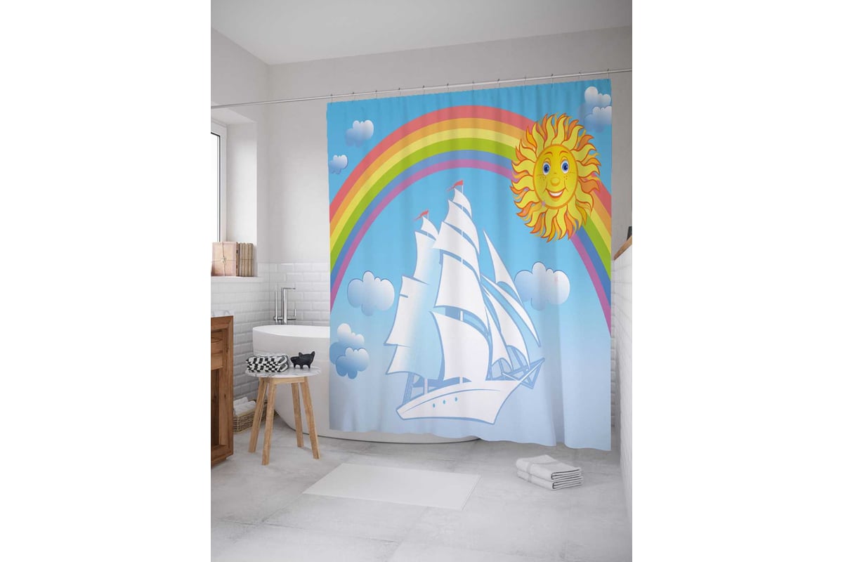 Штора (занавеска) для ванной JoyArty "Радужный корабль" из сатена, 180х200 см с крючками, sc ...