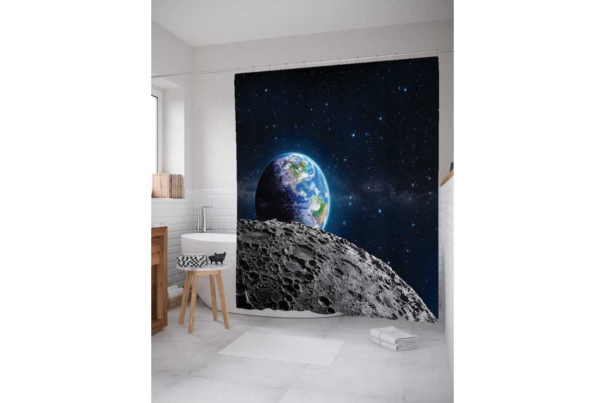 Штора (занавеска) для ванной JoyArty "Наблюдение с луны" из сатена, 180х200 см с крючками, sc ...