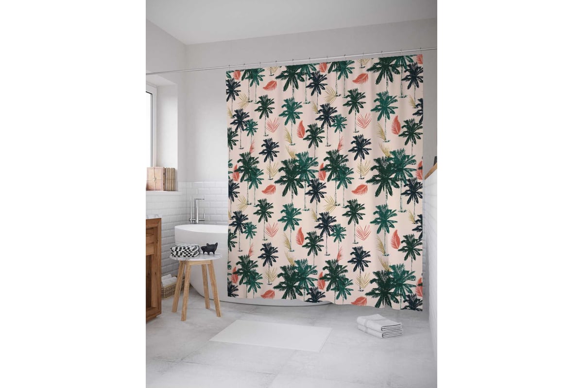 Штора (занавеска) для ванной JoyArty "Тропические растения" из сатена, 180х200 см с крючками, sc ...