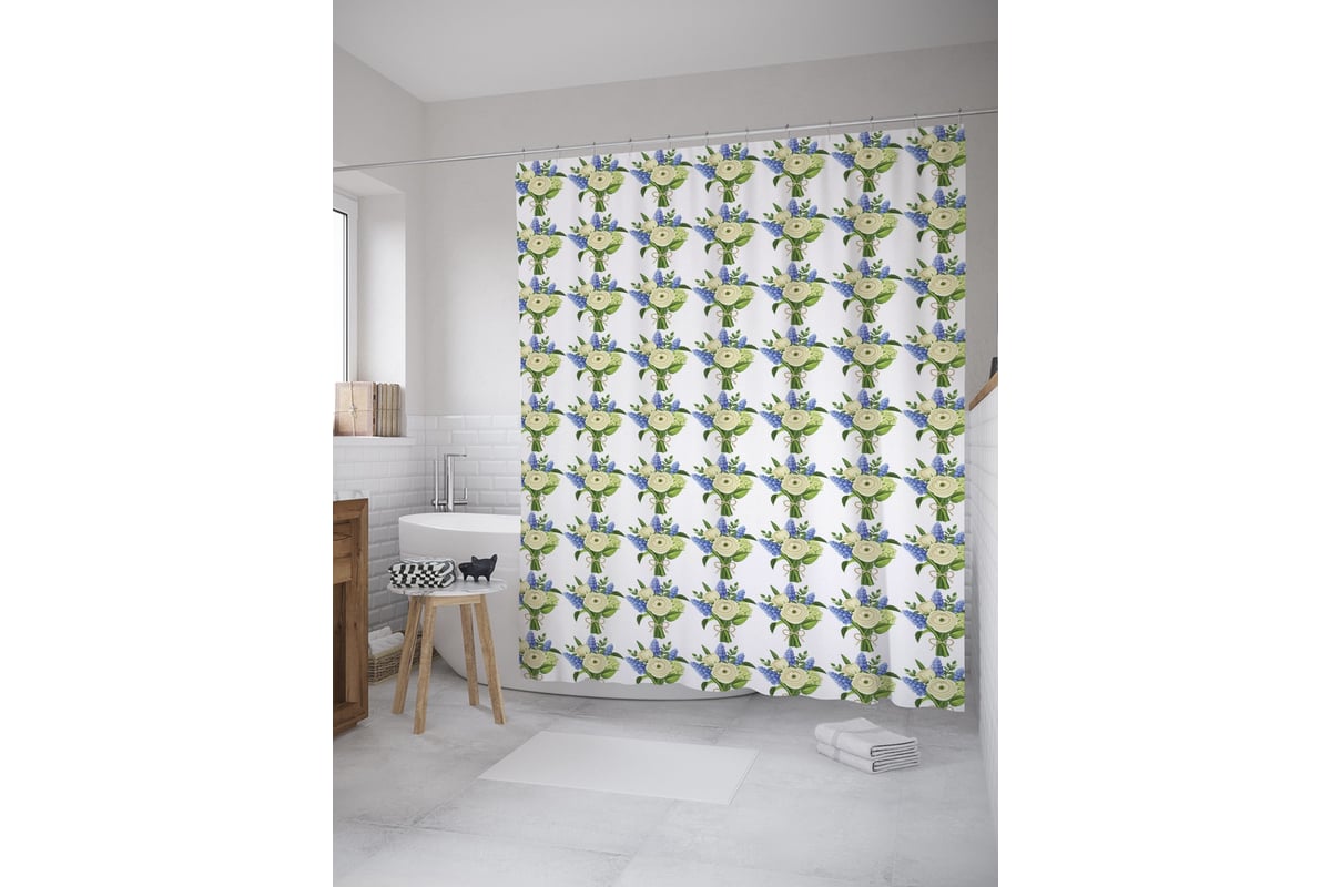 Штора (занавеска) для ванной JoyArty "Букет с лютиками и гиацинтами" из сатена, 180х200 см с ...