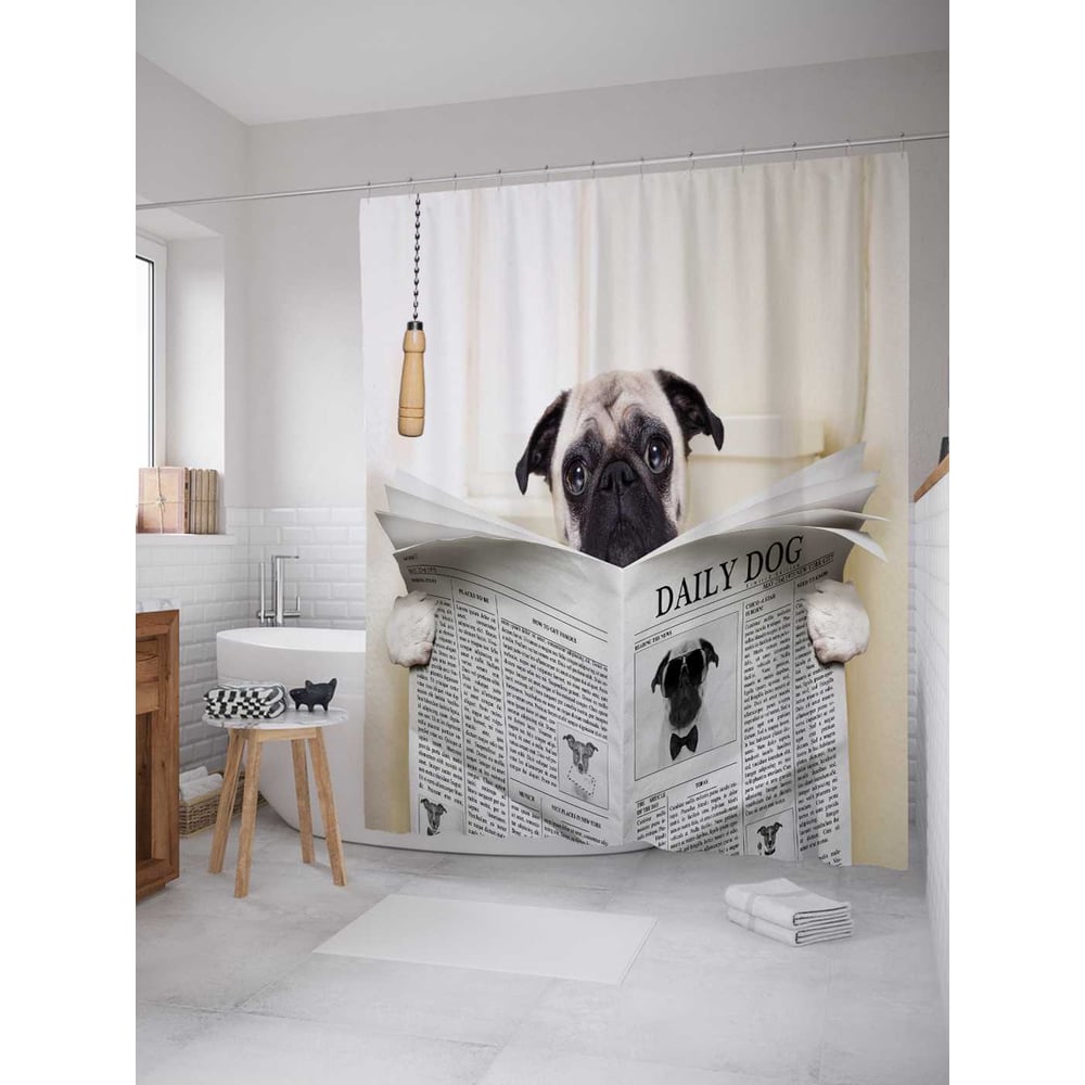 Штора (занавеска) для ванной JoyArty "Собака с газетой" из сатена, 180х200 см с крючками, sc ...