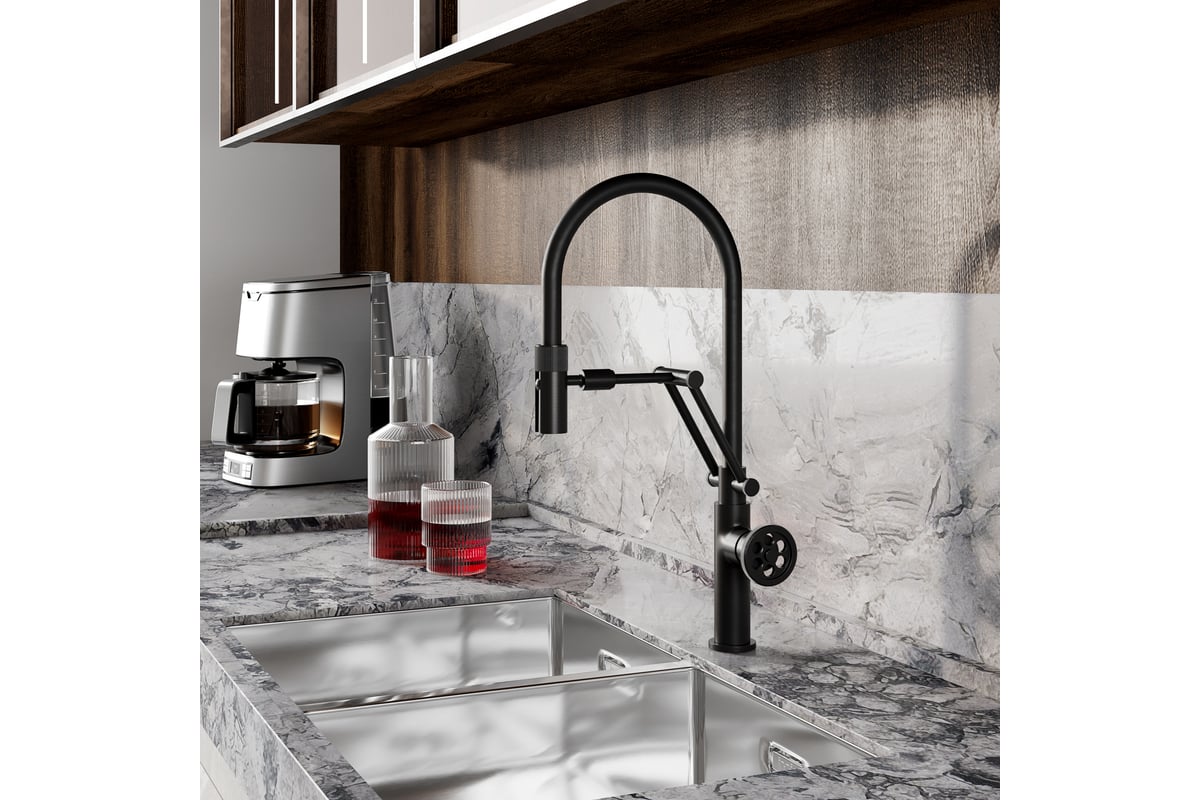 Смеситель для кухни IDDIS Grange с гибким изливом, черный матовый ...