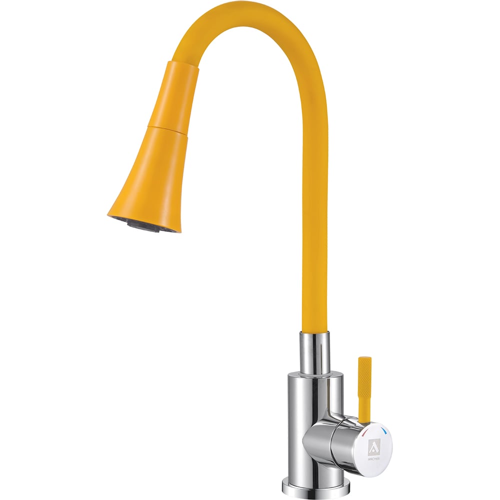 Смеситель для кухни ARGO SOLID двухпозиционный, хром/жёлтый, пластичный излив, d-35, нерж. сталь ...