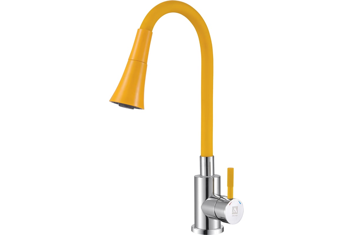 Смеситель для кухни ARGO SOLID двухпозиционный, хром/жёлтый, пластичный излив, d-35, нерж. сталь ...