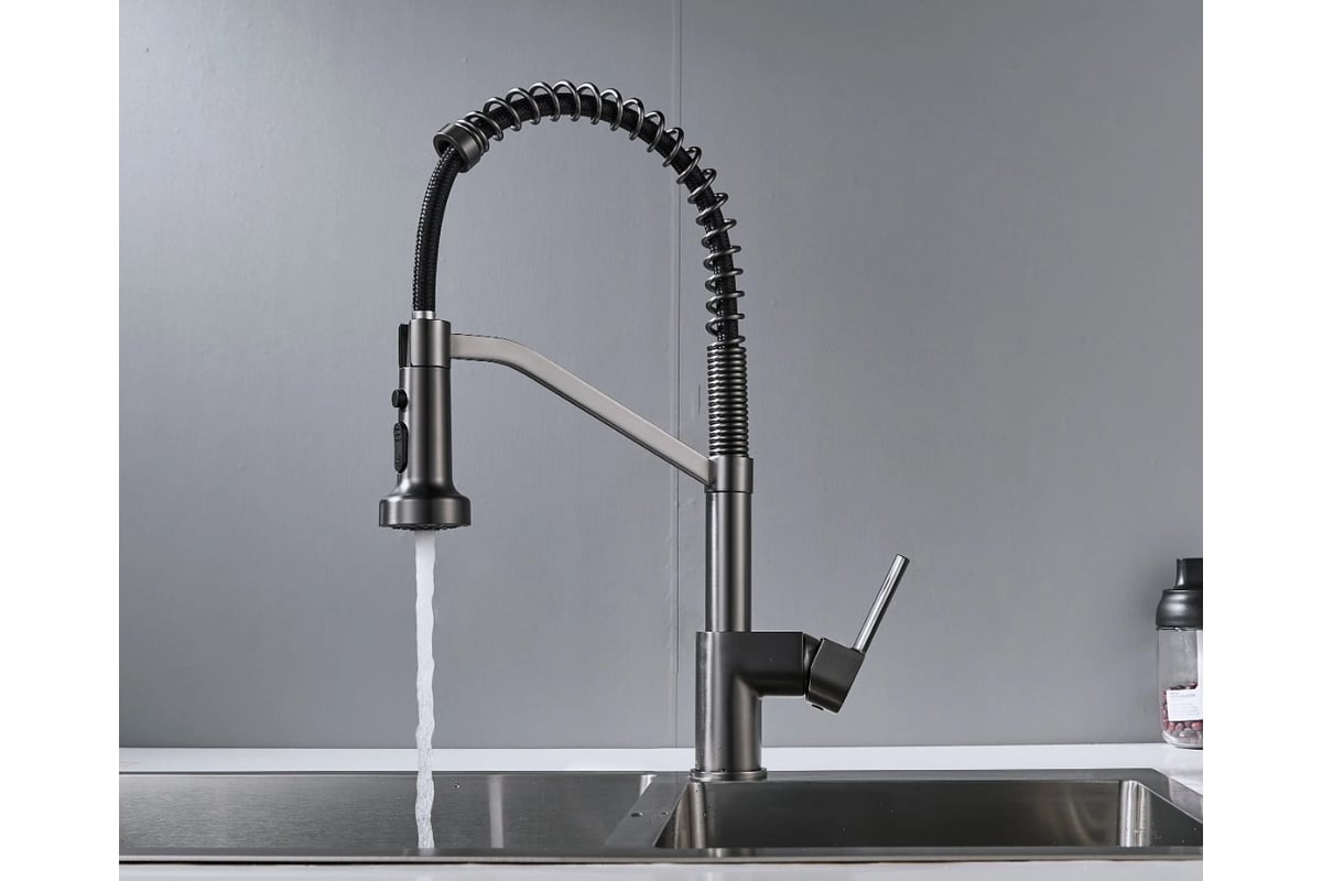 Пружинный смеситель для кухни SHEVANIK с выдвижной лейкой, оружейная сталь S963T - выгодная цена ...