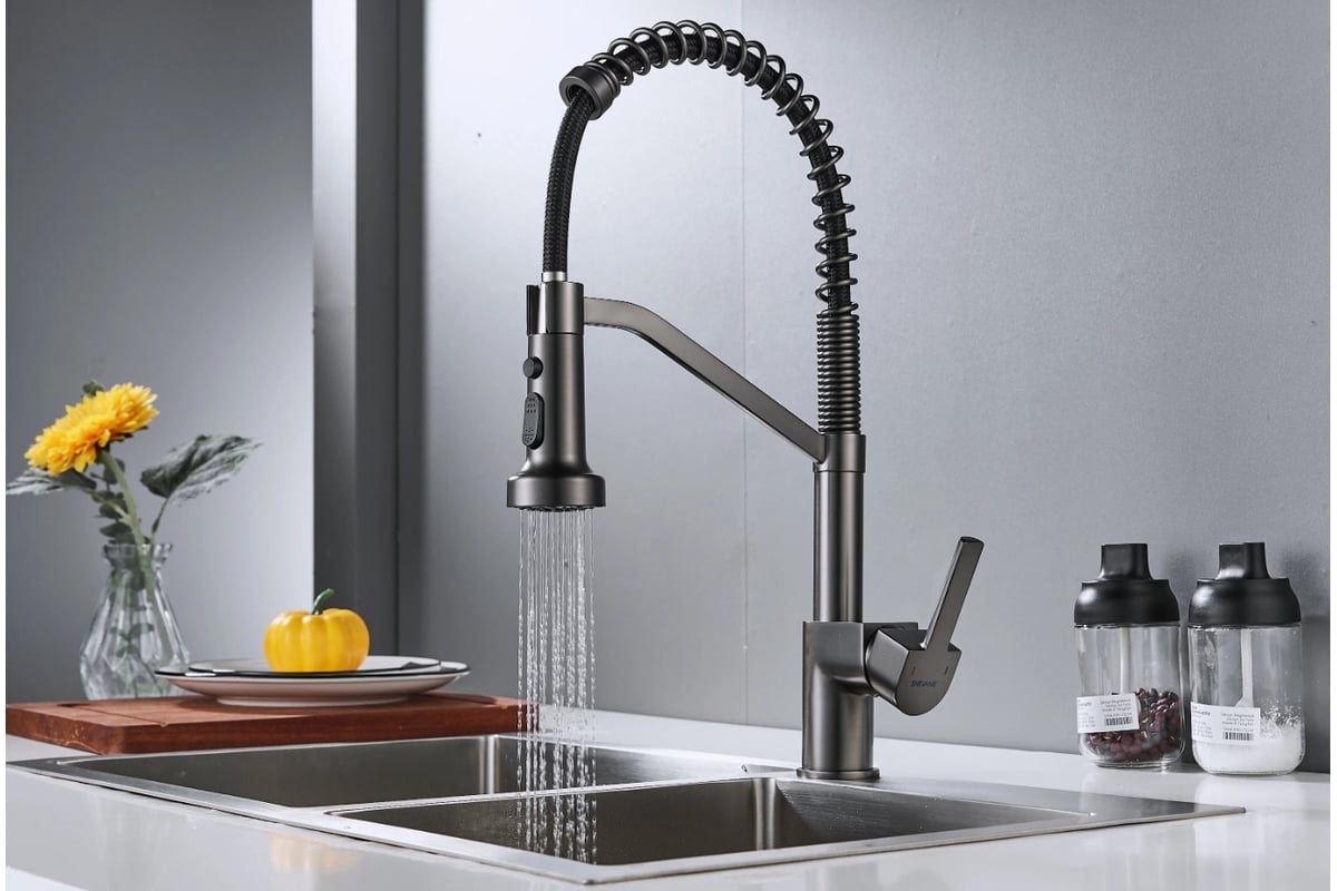 Пружинный смеситель для кухни SHEVANIK с выдвижной лейкой, оружейная сталь S963T - выгодная цена ...