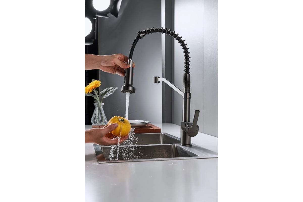Пружинный смеситель для кухни SHEVANIK с выдвижной лейкой, оружейная сталь S963T - выгодная цена ...