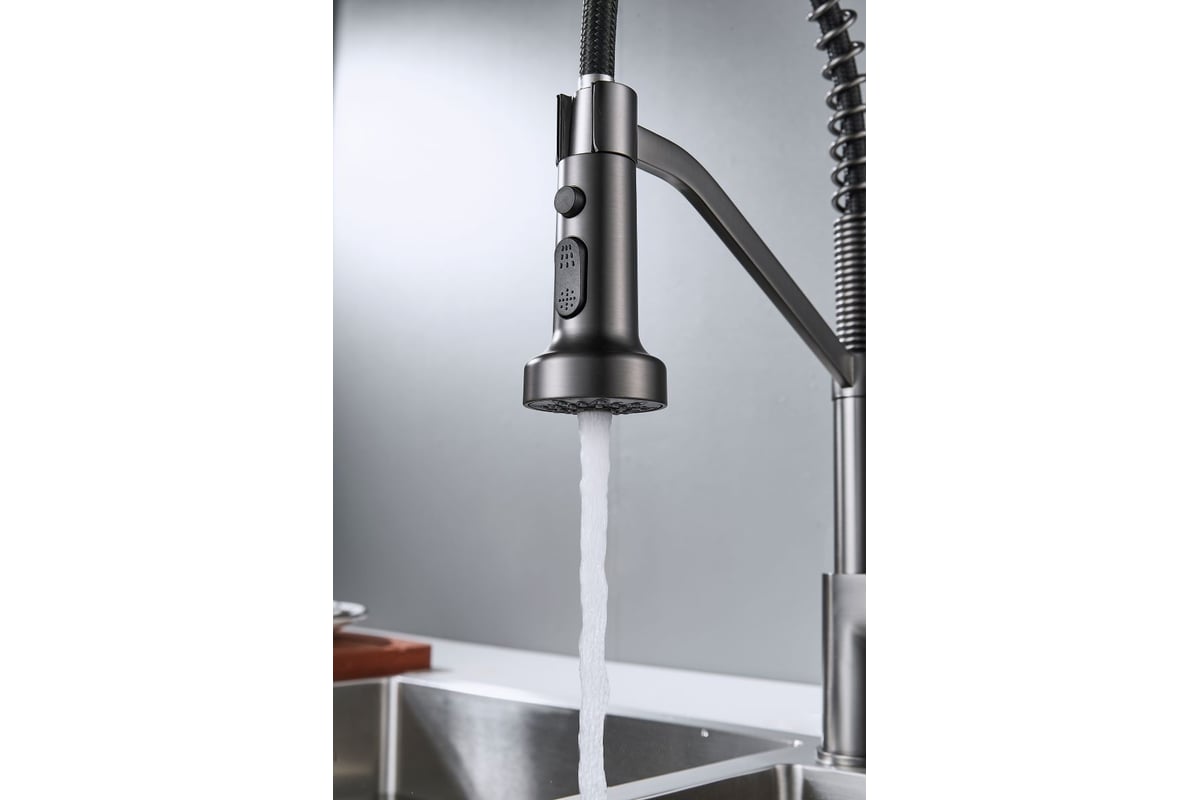 Пружинный смеситель для кухни SHEVANIK с выдвижной лейкой, оружейная сталь S963T - выгодная цена ...