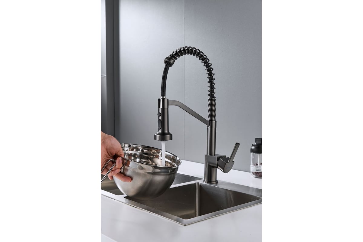 Пружинный смеситель для кухни SHEVANIK с выдвижной лейкой, оружейная сталь S963T - выгодная цена ...