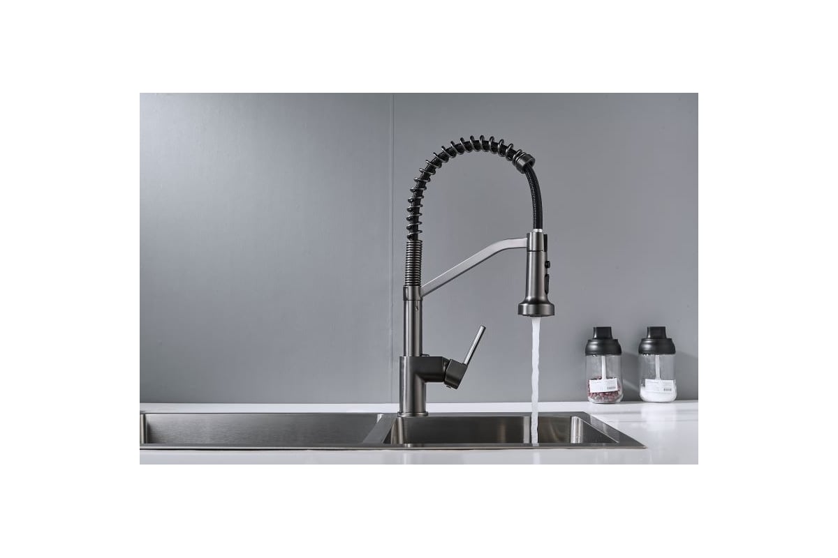 Пружинный смеситель для кухни SHEVANIK с выдвижной лейкой, оружейная сталь S963T - выгодная цена ...