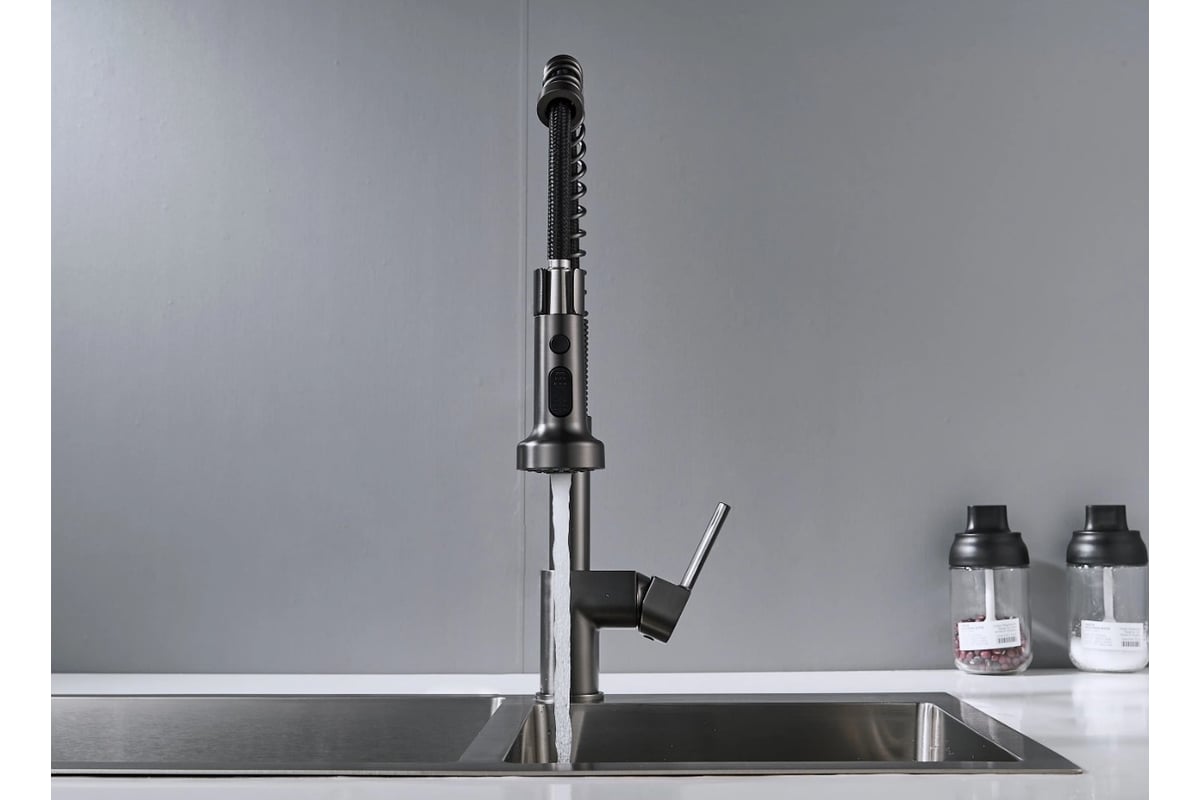 Пружинный смеситель для кухни SHEVANIK с выдвижной лейкой черный S963H - выгодная цена, отзывы ...