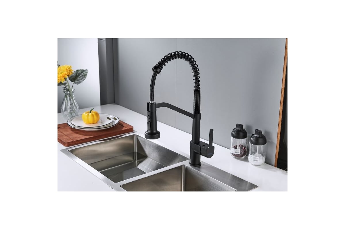 Пружинный смеситель для кухни SHEVANIK с выдвижной лейкой черный S963H - выгодная цена, отзывы ...