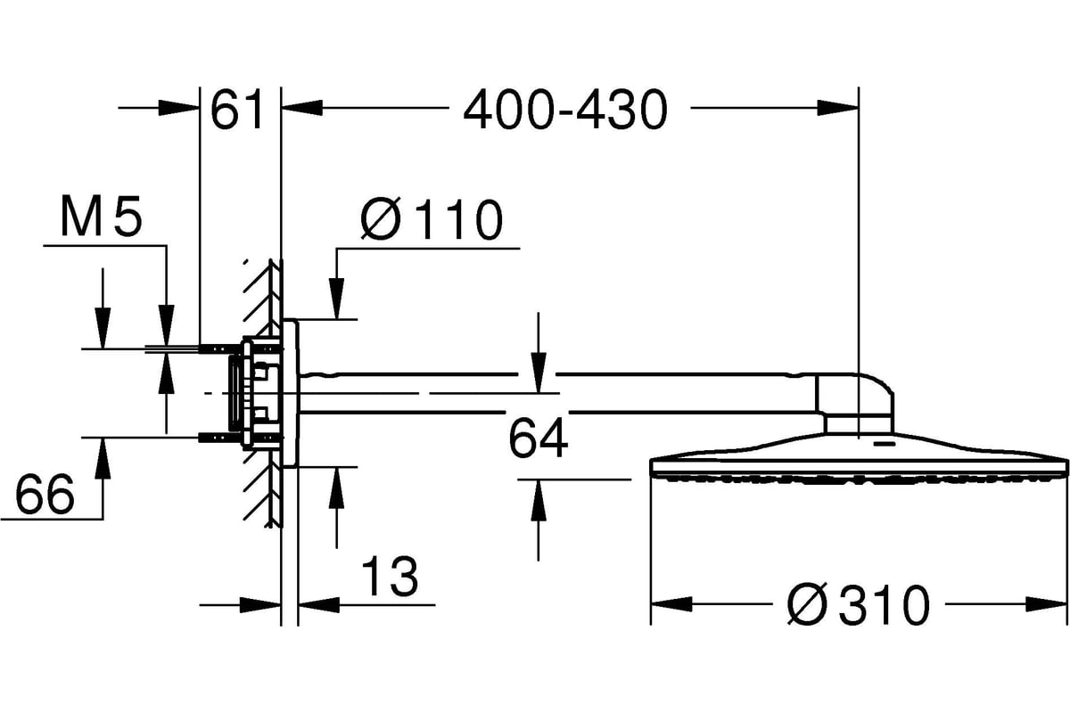 Верхний душ и душевой кронштейн GROHE 430 мм, 2 режима струи, Rainshower, SmartActive 310 ...