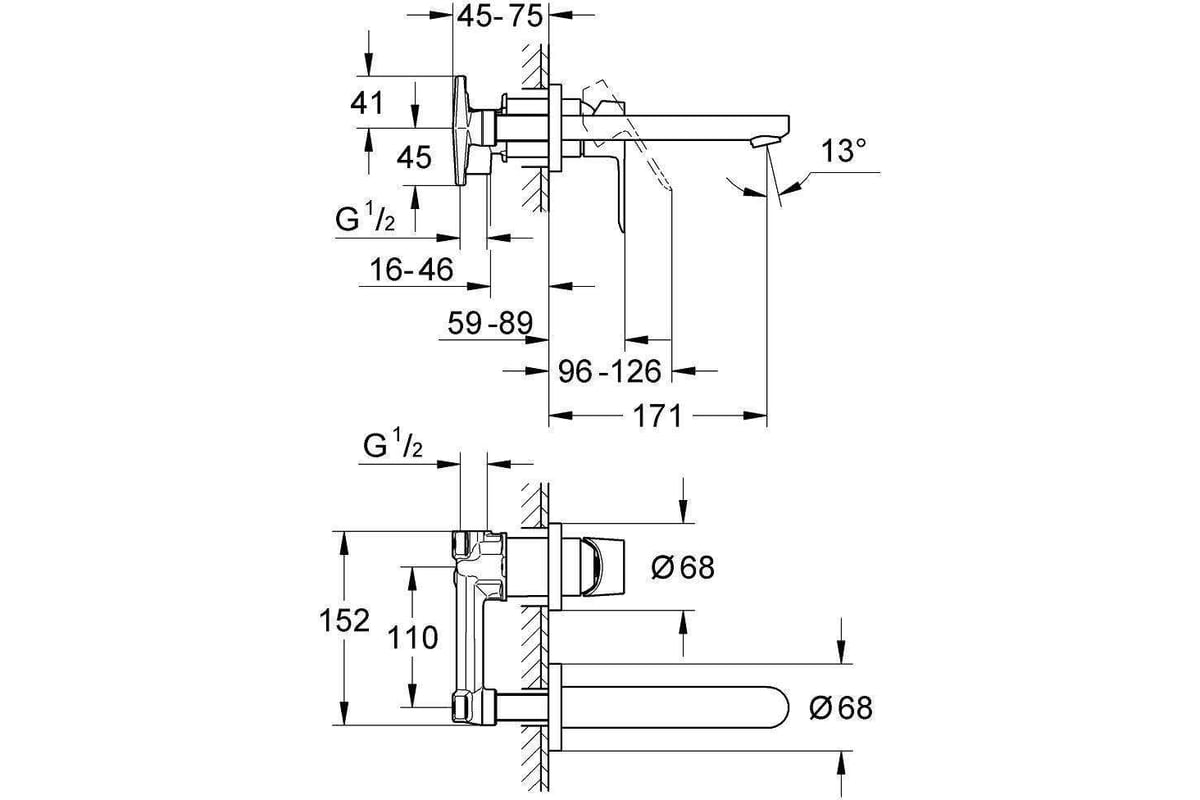 Смеситель для раковины Grohe BauEdge на 2 отверстия, настенный монтаж ...