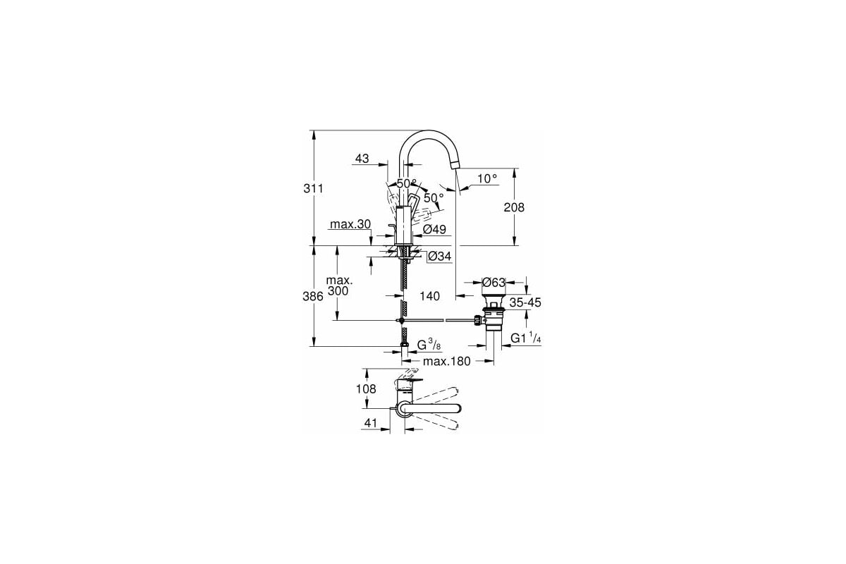 Смеситель для раковины Grohe Start Loop однорычажный, с донным клапаном ...